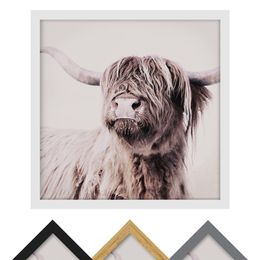 Bilderwelten Bild mit Rahmen Tiere beige Motiv inkl. Rahmung - Hochlandrind Frida in Beige - Deko Wohnzimmer Schlafzimmer