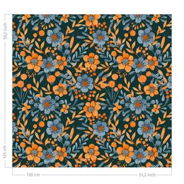 Vorhang Orange Blaue Bl&uuml;ten auf dunklem Petrol - blickdichte Gardine Blumen Floral Illustration Muster Wohnzimmer Schlafzimmer K&uuml;che Bad Badezimmer