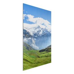 Alu Dibond Outdoor Bild - Schweizer Alpenpanorama - Natur gr&uuml;n Motiv wetterfest Schweiz Wohnzimmer Schlafzimmer