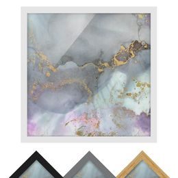 Bilderwelten Bild mit Rahmen originell bunt Abstrakt inkl. Rahmung - Farbexperimente Marmor Regenbogen und Gold - Deko Wohnzimmer Schlafzimmer