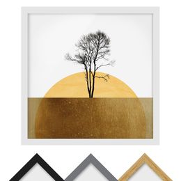 Bilderwelten Bild mit Rahmen Natur gold modern inkl. Rahmung - Goldene Sonne mit Baum - Sonnenuntergang Wohnzimmer Schlafzimmer