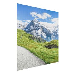 Alu Dibond Outdoor Bild - Grindelwald Panorama - Natur gr&uuml;n Motiv wetterfest Schweiz Wohnzimmer Schlafzimmer