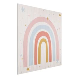 Alu Dibond Outdoor Bild - Gro&szlig;er Regenbogen mit Sternen und P&uuml;nktchen - originell pastell Illustration wetterfest Regenbogen Kinderzimmer Baby