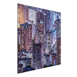 Bilderwelten Alu Dibond Outdoor Bild Stadt grau Motiv wetterfest - Hongkong Lichtermeer - Asia Wohnzimmer Schlafzimmer