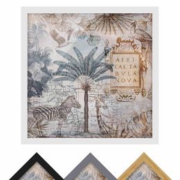 Bilderwelten Bild mit Rahmen Tiere beige Vintage inkl. Rahmung - Vintage Collage Landkarte Afrika - Pflanzen Wohnzimmer Schlafzimmer