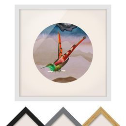 Bilderwelten Bild mit Rahmen Tiere bunt Illustration Aquarell - Vogel Collage im Kreis - V&ouml;gel Wohnzimmer Schlafzimmer