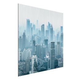 Bilderwelten Alu Dibond Outdoor Bild Stadt blau Motiv wetterfest - K&uuml;hles Shanghai - Architektur Wohnzimmer Schlafzimmer