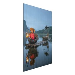 Alu Dibond Outdoor Bild - Kormoranfischer am Abend - Natur blau Motiv wetterfest Asia Wohnzimmer Schlafzimmer