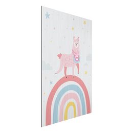 Alu Dibond Outdoor Bild - Lama auf Regenbogen mit Sternen und P&uuml;nktchen - Tiere bunt Illustration wetterfest Regenbogen Kinderzimmer Baby M&auml;dchen