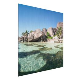 Alu Dibond Outdoor Bild - La Digue - Strand t&uuml;rkis Tropisch wetterfest Karibik Wohnzimmer Schlafzimmer