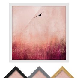 Bilderwelten Bild mit Rahmen Natur rot modern Aquarell - Vogel im Sonnenuntergang - Sonnenuntergang Wohnzimmer Schlafzimmer