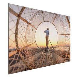 Bilderwelten Alu Dibond Outdoor Bild Natur orange Motiv wetterfest - Intha Fischer am Morgen - Asia Wohnzimmer Schlafzimmer
