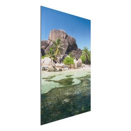 Alu Dibond Outdoor Bild - La Digue - Strand t&uuml;rkis Tropisch wetterfest Karibik Wohnzimmer Schlafzimmer