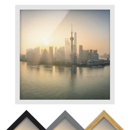 Bilderwelten Bild mit Rahmen Stadt orange Motiv inkl. Rahmung - Pudong bei Sonnenaufgang - Architektur Wohnzimmer Schlafzimmer