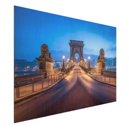 Bilderwelten Alu Dibond Outdoor Bild Stadt orange Motiv wetterfest - Kettenbr&uuml;cke in Budapest bei Nacht - Architektur Wohnzimmer Schlafzimmer
