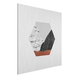 Alu Dibond Outdoor Bild - Kupferberge Geometrie im Hexagon - schwarz weiss Illustration wetterfest Geometrisch Jugendzimmer