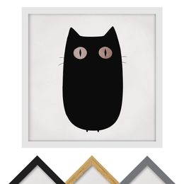 Bilderwelten Bild mit Rahmen Tiere schwarz weiss Illustration inkl. Rahmung - Schwarze Katze Illustration - Katze Wohnzimmer Schlafzimmer