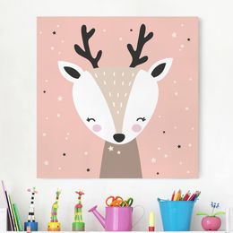 Bilderwelten Leinwandbild Tiere Illustration Kunstdruck rosa - Gl&uuml;ckliches Reh - Hirsch XXL Kinderzimmer Baby M&auml;dchen Jungen