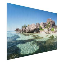 Bilderwelten Alu Dibond Outdoor Bild Strand t&uuml;rkis Tropisch wetterfest - La Digue - Karibik Wohnzimmer Schlafzimmer