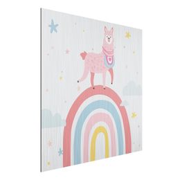 Bilderwelten Alu Dibond Outdoor Bild Tiere bunt Illustration wetterfest - Lama auf Regenbogen mit Sternen und P&uuml;nktchen - Regenbogen Kinderzimmer Baby M&auml;dchen