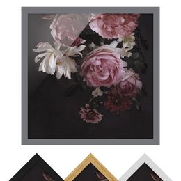 Bilderwelten Bild mit Rahmen Rosa Blumen auf Schwarz Vintage