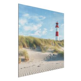 Alu Dibond Outdoor Bild - Leuchtturm an der Nordsee - Strand blau Motiv wetterfest D&uuml;nen Wohnzimmer Schlafzimmer