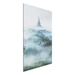 Bilderwelten Alu Dibond Outdoor Bild Wald gr&uuml;n Motiv wetterfest - Morgennebel &uuml;ber dem Dschungel von Bagan - Asia Wohnzimmer Schlafzimmer