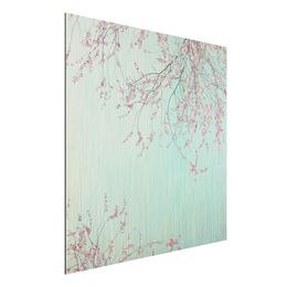 Alu Dibond Outdoor Bild - Kirschbl&uuml;tensehnsucht - Blumen t&uuml;rkis Motiv wetterfest Kirschbl&uuml;te Wohnzimmer Schlafzimmer