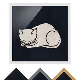 Bilderwelten Bild mit Rahmen Tiere schwarz weiss Illustration inkl. Rahmung - Schlafende Katze Illustration - Katze Wohnzimmer Schlafzimmer