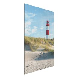 Alu Dibond Outdoor Bild - Leuchtturm an der Nordsee - Strand blau Motiv wetterfest D&uuml;nen Wohnzimmer Schlafzimmer