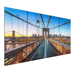 Bilderwelten Alu Dibond Outdoor Bild Stadt orange Motiv wetterfest - Morgenblick von der Brooklyn Bridge - Architektur Wohnzimmer Schlafzimmer