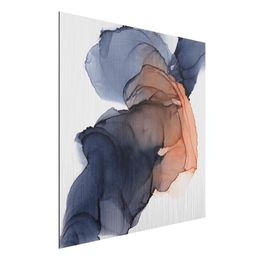 Alu Dibond Outdoor Bild - Ozeantropfen Blau-Orange mit Gold - originell blau Abstrakt Aquarell Deko Wohnzimmer Schlafzimmer