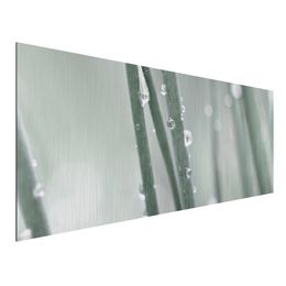 Alu Dibond Outdoor Bild - Makroaufnahme Wasserperlen am Gras - Blumen gr&uuml;n Landhaus wetterfest Gr&auml;ser Wohnzimmer Schlafzimmer
