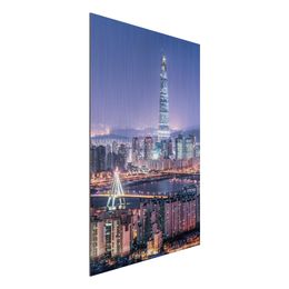 Alu Dibond Outdoor Bild - Lotte World Tower bei Nacht - Stadt blau Motiv wetterfest Architektur Wohnzimmer Schlafzimmer