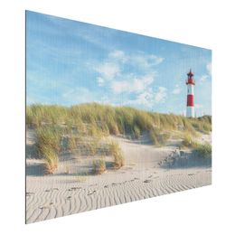 Alu Dibond Outdoor Bild - Leuchtturm an der Nordsee - Strand blau Motiv wetterfest D&uuml;nen Wohnzimmer Schlafzimmer