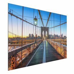 Bilderwelten Alu Dibond Outdoor Bild Stadt orange Motiv wetterfest - Morgenblick von der Brooklyn Bridge - Architektur Wohnzimmer Schlafzimmer