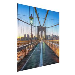 Bilderwelten Alu Dibond Outdoor Bild Stadt orange Motiv wetterfest - Morgenblick von der Brooklyn Bridge - Architektur Wohnzimmer Schlafzimmer