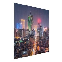 Bilderwelten Alu Dibond Outdoor Bild Stadt bunt Motiv wetterfest - Nachtlichter von Macau - Architektur Wohnzimmer Schlafzimmer