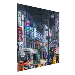 Alu Dibond Outdoor Bild - Nachtleben von Seoul - Stadt bunt Motiv wetterfest Architektur Wohnzimmer Schlafzimmer