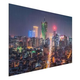 Alu Dibond Outdoor Bild - Nachtlichter von Macau - Stadt bunt Motiv wetterfest Architektur Wohnzimmer Schlafzimmer