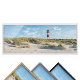 Bilderwelten Bild mit Rahmen Strand blau Motiv inkl. Rahmung - Leuchtturm an der Nordsee - D&uuml;nen Wohnzimmer Schlafzimmer