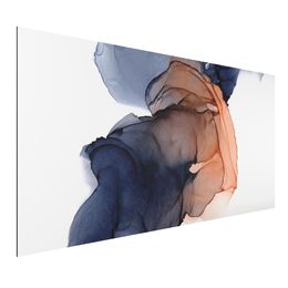 Bilderwelten Alu Dibond Outdoor Bild originell blau Abstrakt Aquarell - Ozeantropfen Blau-Orange mit Gold - Deko Wohnzimmer Schlafzimmer