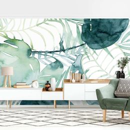 Bilderwelten Fototapete Vliestapete Tropisch Aquarell gr&uuml;n - Palmwedel in Wasserfarbe II - Pflanzen Wohnzimmer Schlafzimmer