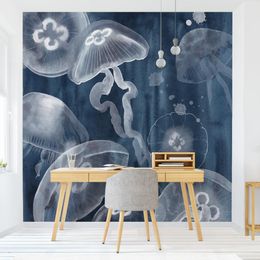 Bilderwelten Fototapete Tiere modern Aquarell blau - Mondmedusen I - Deko Wohnzimmer Schlafzimmer