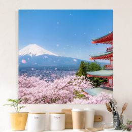Bilderwelten Leinwandbild Blumen Motiv Kunstdruck blau - Chureito Pagode und Fuji - Kirschbl&uuml;te XXL Wohnzimmer Schlafzimmer