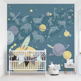 Bilderwelten Fototapete Tiere Illustration Wandtapete blau - Planeten mit Sternzeichen und Raketen - Fahrzeuge Kinderzimmer Baby M&auml;dchen Jungen