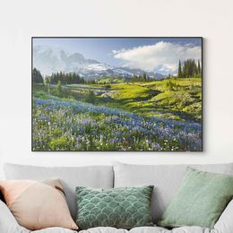 Wechselbild Bergwiese mit blauen Blumen vor Mt. Rainier