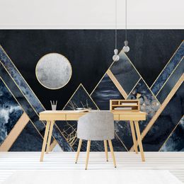 Bilderwelten Fototapete Goldener Mond abstrakte schwarze Berge