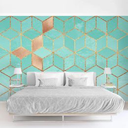 Bilderwelten Mustertapete T&uuml;rkis Wei&szlig; goldene Geometrie