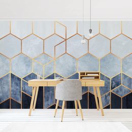 Bilderwelten Mustertapete Goldene Sechsecke Blau Wei&szlig;
